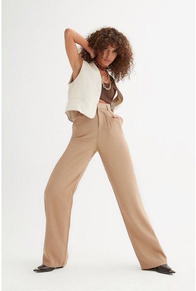 Açelya Okcu Yüksek Bel Palazzo Kumlu Keten Pantolon