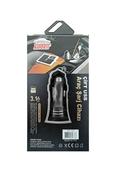 Autokit Metal Araç Şarjı 3.1 Amper Tek Başlık 2 USB Girişi Autokit Metal Araç Şarjı 3.1 Amper Tek Başlık 2 USB Girişi