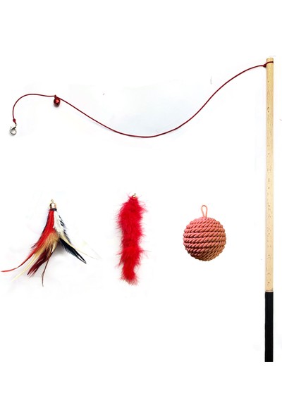 Petish 3’lü Kedi Oltası Değiştirilebilir Oyuncaklar Uzun Tüy + Renkli Tüy+Sarmanlı Top Kedi Oyuncağı