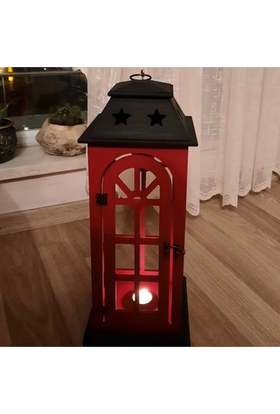 Tasarloxi Kırmızı Siyah Ahşap Dekoratif Fener Mumluk Tasarloxi Kırmızı Siyah Ahşap Dekoratif Fener Mumluk