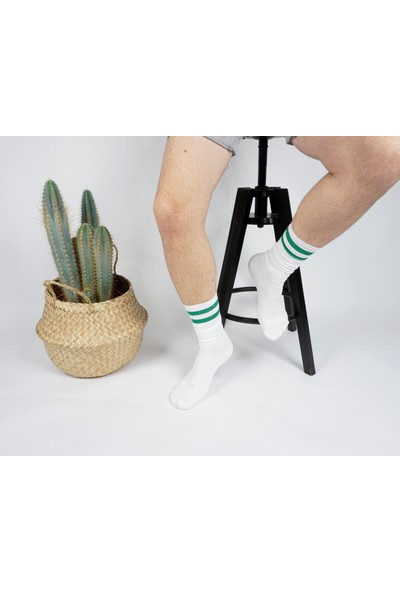 Aykırı Men Socks Beyaz - Yeşil Çizgili Çorap
