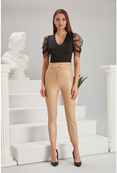Miss Kaftan Collection Kadın Bej Yüksek Bel Deri Pantolon Miss Kaftan Collection Kadın Bej Yüksek Bel Deri Pantolon