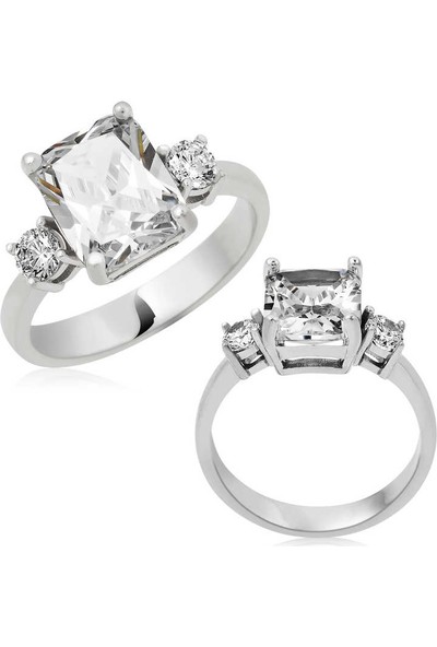 Gumush Gümüş Kare Montür Üç Taş Bayan Yüzük