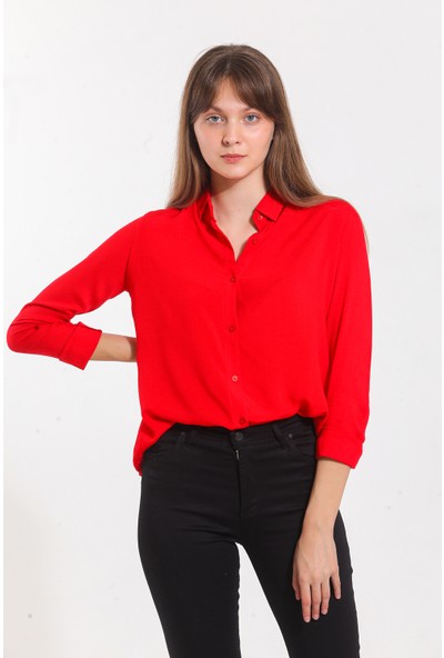 Budi Butik Kadın Uzun Kollu Düz Renk Düğmeli Viskon Gömlek Budi Butik Kadın Uzun Kollu Düz Renk Düğmeli Viskon Gömlek