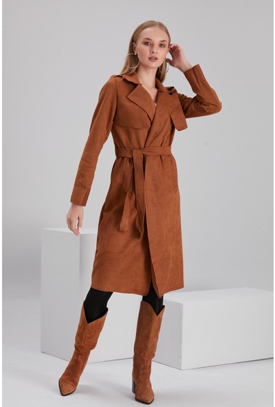 Miss Kaftan Collection Kadın Kahverengi Süet Uzun Ceket Kemerli Trençkot Miss Kaftan Collection Kadın Kahverengi Süet Uzun Ceket Kemerli Trençkot