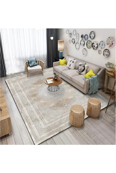 Sermod --Yenilendi-- Sütlü Kahve Zemin Beyaz Çiçek Bej Gölgeli Kaymaz Süngerli Halı Örtüsü