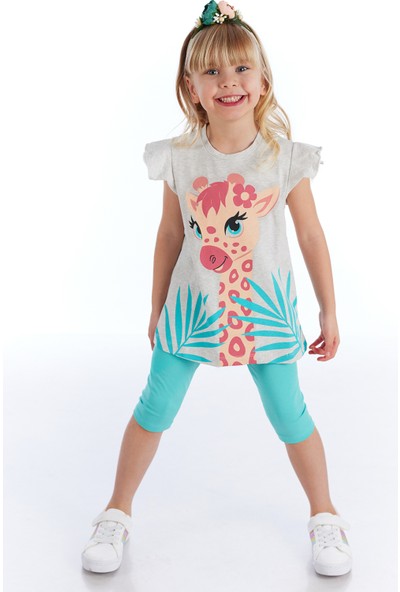 Denokids Süslü Zürafa Kız T-Shirt + Tayt Takım