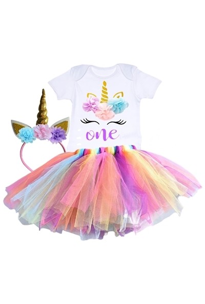 Bba New Trend 1 Yaş Doğum Günü Tütü Etek,gökkuşağı Unicorn Tütü Zıbın Set