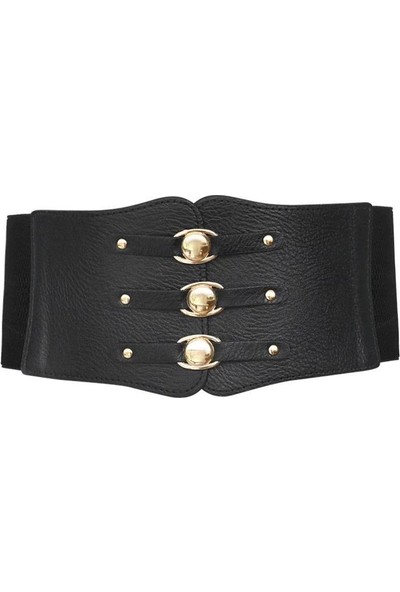 Foxer Elastik Streç Geniş Elbise Korse Gold Siyah Deri Kemer