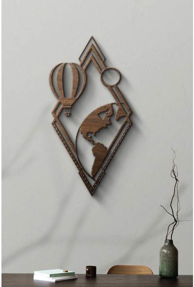 Kusva Ahşap Uçan Balon Dünya Dekoratif Tablo