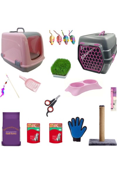 Sennedilersen Kedi Tuvalet Seti ve Ihtiyaçları 14'lü Pembe Set