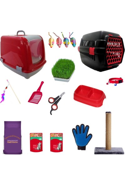 Sennedilersen Kedi Tuvalet ve Bakım Seti 14'lü Kırmızı