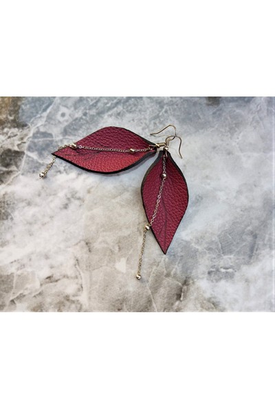 Blue&soul Yaprak Tasarım Zincirli Deri El Yapımı Küpe