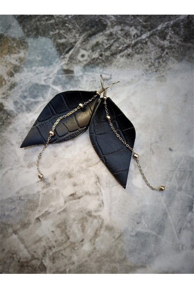 Blue&soul Yaprak Tasarım Zincirli Deri El Yapımı Küpe