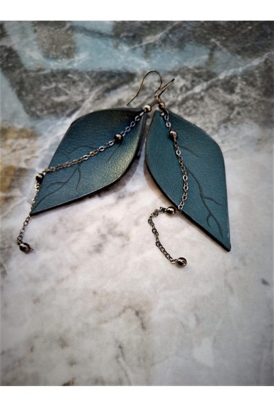 Blue&soul Yaprak Tasarım Zincirli Deri El Yapımı Küpe