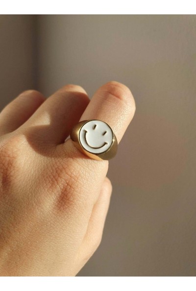 Alldripwear Altın Kaplama Gülen Yüz Smile Yüzük / Beyaz