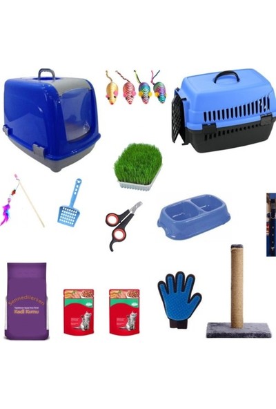Sennedilersen Kedi Tuvalet Seti ve Ihtiyaçları 14'lü Mavi Set