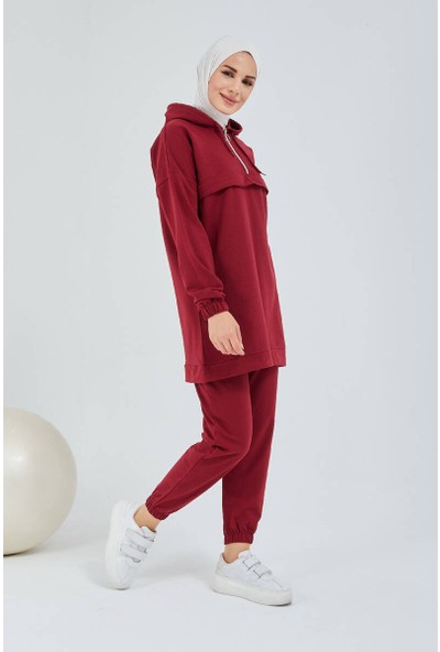 Burcu Tesettür Önden Yarım Fermuarlı Eşofman Takımı TRN1019 Bordo