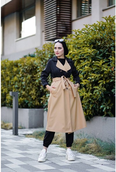 Burcu Tesettür Garnili Trenç MDR10538 Siyah Camel