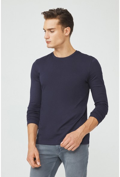 Avva Erkek Lacivert Bisiklet Yaka Düz Uzun Kol T-Shirt E001002