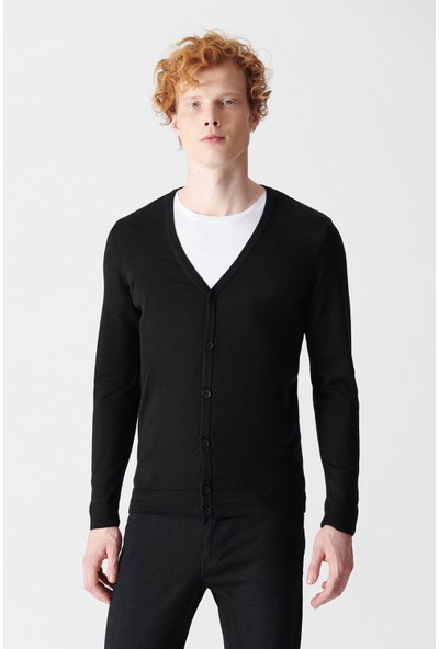 Avva Erkek Siyah Düğmeli Düz Hırka E005007