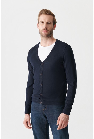 Avva Erkek Lacivert Düğmeli Düz Hırka E005007