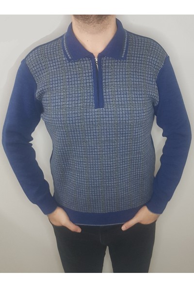 Kamalı Yakalı Baba Kazak Çizgili Baba Triko Tüylenmez Erkek Kazak Polo Yaka