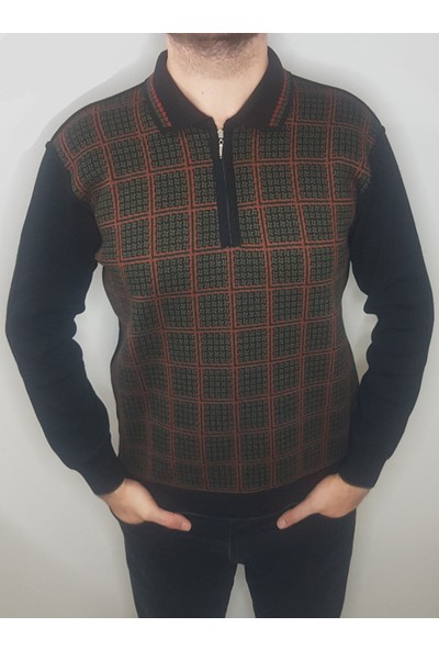 Kamalı Yakalı Baba Kazak Çizgili Baba Triko Tüylenmez Erkek Kazak Polo Yaka