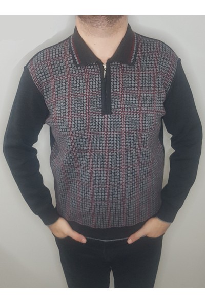 Kamalı Yakalı Baba Kazak Çizgili Baba Triko Tüylenmez Erkek Kazak Polo Yaka