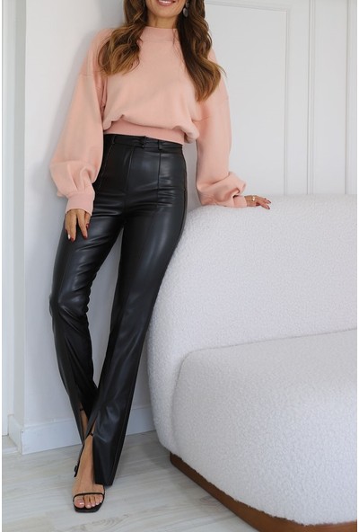 A&o Style Kadın Siyah Deri Pantolon Yırtmaç Detay Yüksek Bel