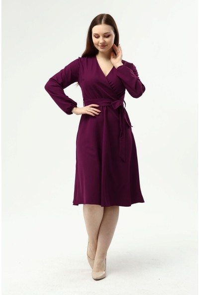 Apsen Kadın Bağlama Detaylı Kruvaze Yaka Midi Boy Elbise 4338 110