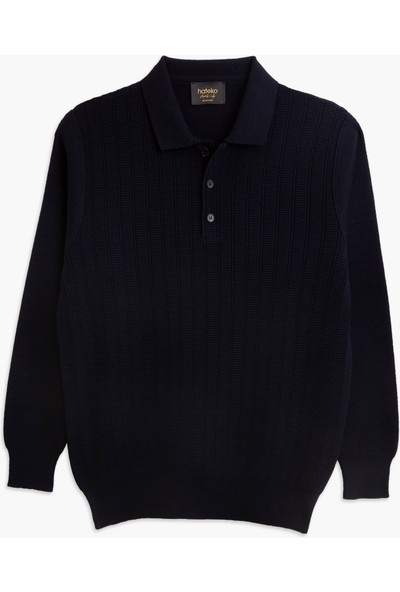 Hateko Erkek Lacivert %50 Yün Çelik Örgü Polo Yaka Kazak