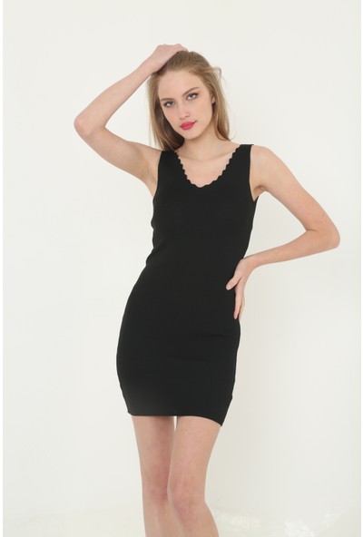 Silver Belt Textil Kadın Kalın Askılı Siyah V Yaka Yazlık Triko Elbise