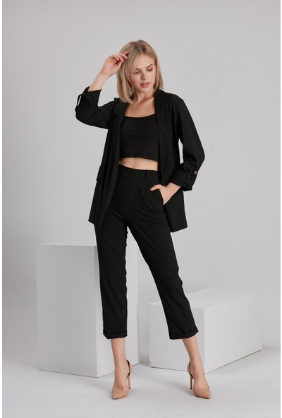 Miss Kaftan Collection Kadın Siyah Pantolon Ceket Ikili Dokuma Takım Miss Kaftan Collection Kadın Siyah Pantolon Ceket Ikili Dokuma Takım