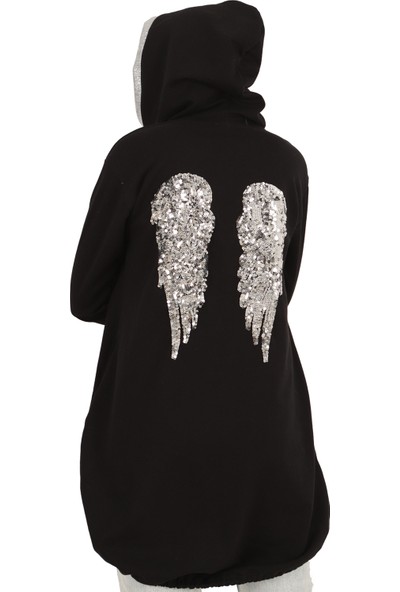 Buketli Kadın Sırtı Melek Kanadı Detaylı Kapüşonlu Hırka