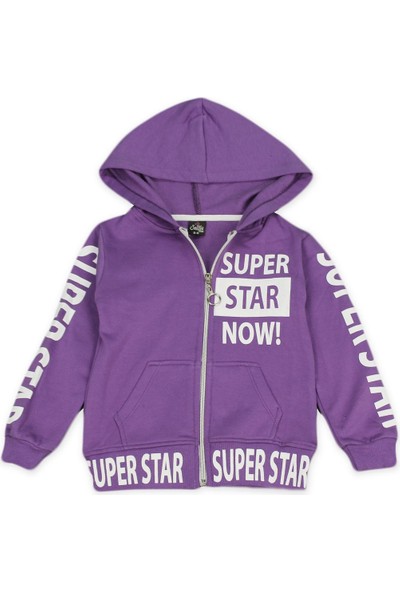 Selfie 4184 Selfie Süperstar Baskılı Kapüşonlu Kız Hırka 10-13 Yaş Mor