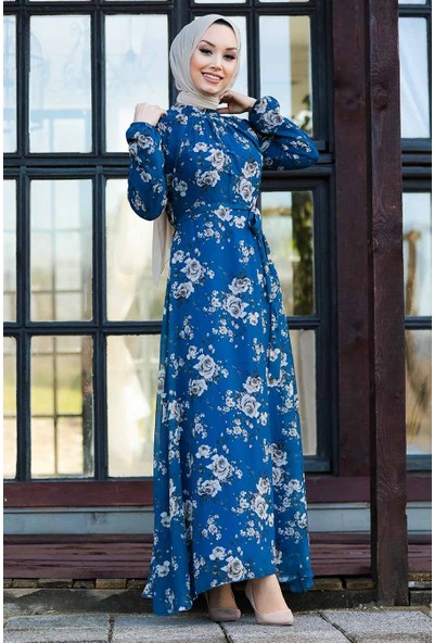 Neva Style - Çiçek Desenli Indigo Mavisi Tesettür Elbise 81390IM Neva Style - Çiçek Desenli Indigo Mavisi Tesettür Elbise 81390IM