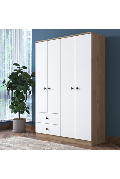 Rani BA108 Geniş Gardırop Elbise Dolabı 4 Kapılı 2 Çekmeceli 2 Askılı 1 Raflı Sepet Ceviz Beyaz Rani BA108 Geniş Gardırop Elbise Dolabı 4 Kapılı 2 Çekmeceli 2 Askılı 1 Raflı Sepet Ceviz Beyaz