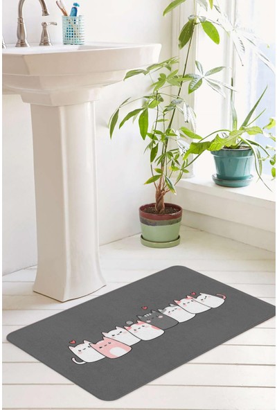 Gri Kalp Kediler Banyo Paspası Kaymaz Tabanlı Klozet Paspası 100X60CM