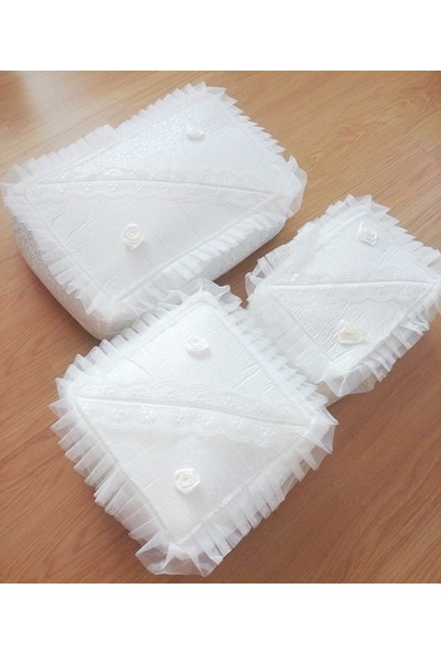 Dilex 3'lü Hurç Set Çeyizlik Bohça Gelin Bohçası Damat Bohçası İğne Oyalı Kdk Ekru