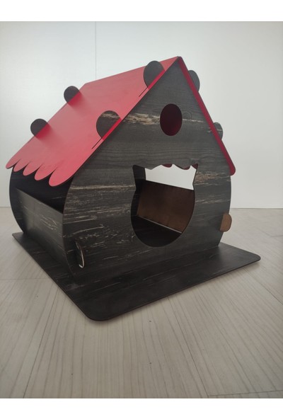 Life Hobi Ahşap Kedi Evi Kırmızı + Mama Kabı
