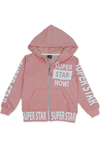 Selfie 4184 Selfie Süperstar Baskılı Kapüşonlu Kız Hırka 10-13 Yaş Pembe