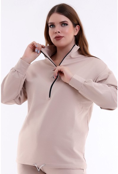 Dreamlike Yakası Uzun Fermuarlı Rahat ve Sportif Büyük Beden Sweatshirt