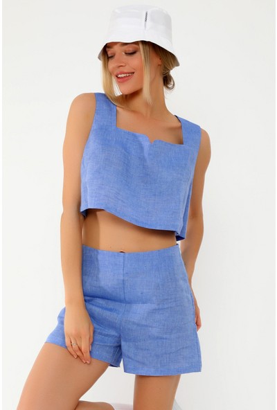 Dreamlike Özel Tasarım Askılı Bluz Beli Lastikli Cepli Şort Keten Takım Dreamlike Özel Tasarım Askılı Bluz Beli Lastikli Cepli Şort Keten Takım