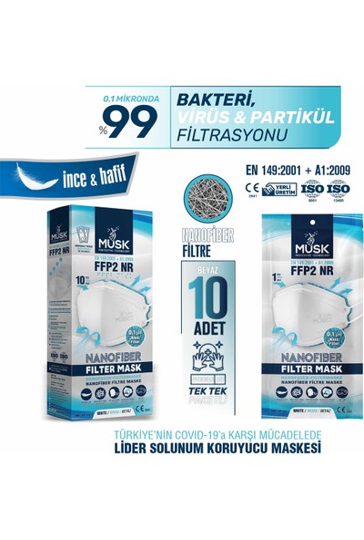 Musk Ffp2 Nano Maske Beyaz Renk 10'lu Musk Ffp2 Nano Maske Beyaz Renk 10'lu