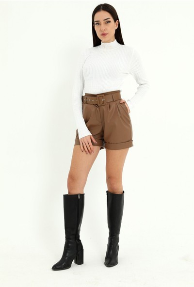 VprModa Geniş Kemerli Duble Paça Kadın Deri Şort