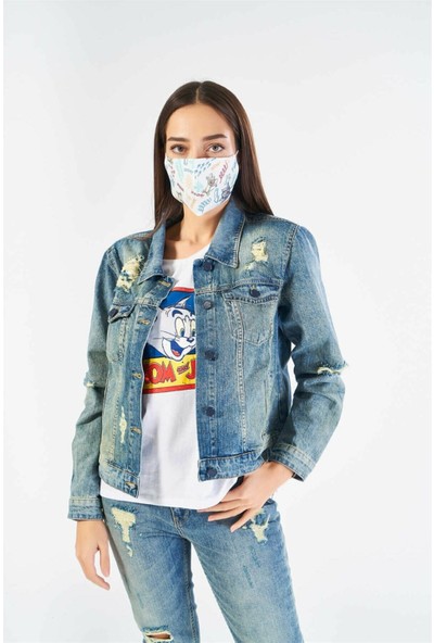 Finger Print Yıpratmalı Mavi Kot Ceket Finger Print Yıpratmalı Mavi Kot Ceket