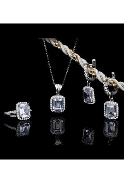 Takı Dükkanı Gümüş Tek Taş Baget Set Kolye Yüzük J Küpe WSS12