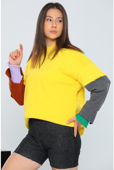 Gülseli Şardonlu Kol Triko Detaylı Kadın Sweatshirt