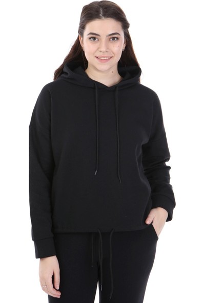 Desenist Siyah Kapşonlu Kadın Üç Iplik Polar Eşofman Takımı